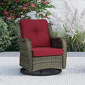 UIXE 5 Pieces Outdoor Patio Furniture Bistro Sets with 360° Swivel Rocking Chairs with Side Table, PE Rattan Rocker Chair Glider Seating Conversation Set for Backyard, Deck, Porch, Red