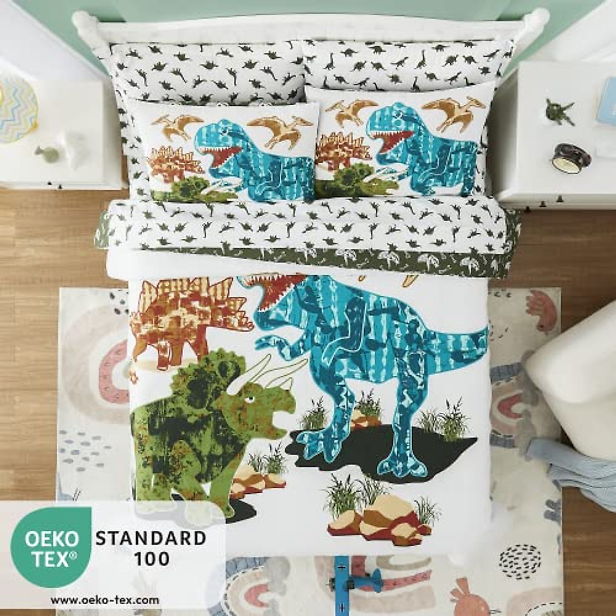 Kaleido Space KALEIDOSPACE Gilrs Boys Bedding Sets Twin, 5 Piece Glow in The Dark Dinosaur Bed in A Bag-1 Comforter,1 Pillow Sham, 1 Pillowcase, 1 Flat Sheet, 1 Fitted Sheet