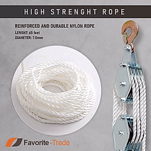 Favorite-trade Poly Rope Hoist Pulley Block, 4000 LB 2 Ton 65 Feet of 3/8 “, 7:1 Lifting Power, Pulley Hoist For Lift Furniture, Motorcycles, Bicycles