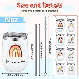 Mifoci 8 Pcs Inspirational Gifts for Women Bulk 12 oz Boho Rainbow Wine Tumbler Cups Vacuum Insulated Stainless Steel Coffee Mugs with Lids Straws Brushes Thank You Gifts for Coworkers Teacher Friend