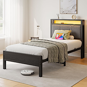 FOUBAM Twin Size Bed Frame with LED Lights and Charging Station, Bed with Storage Headboard,Heavy Duty Metal Slats Support,Mattress Foundation Easy Assembly(Black)