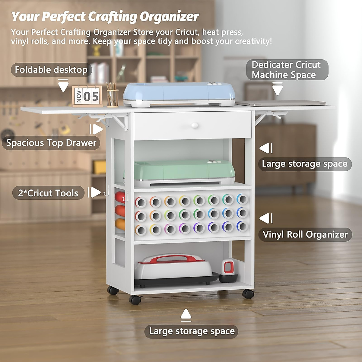 Craft Cart Compatible with Cricut Machine, Storage Rolling Cricut Cart Furniture with Foldable Sides & Drawer for Cricut Organization for Craft Room Home Office