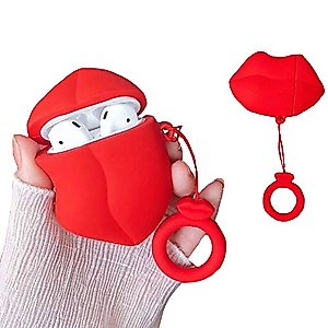 Rertnocnf Compatible with Earbuds Case Airpods 1 & 2, Creative 3D Lips Design Personality Red Lip Portable Accessories Soft Silicone Protective Wireless Earphone Charging Case with Ring Decoration