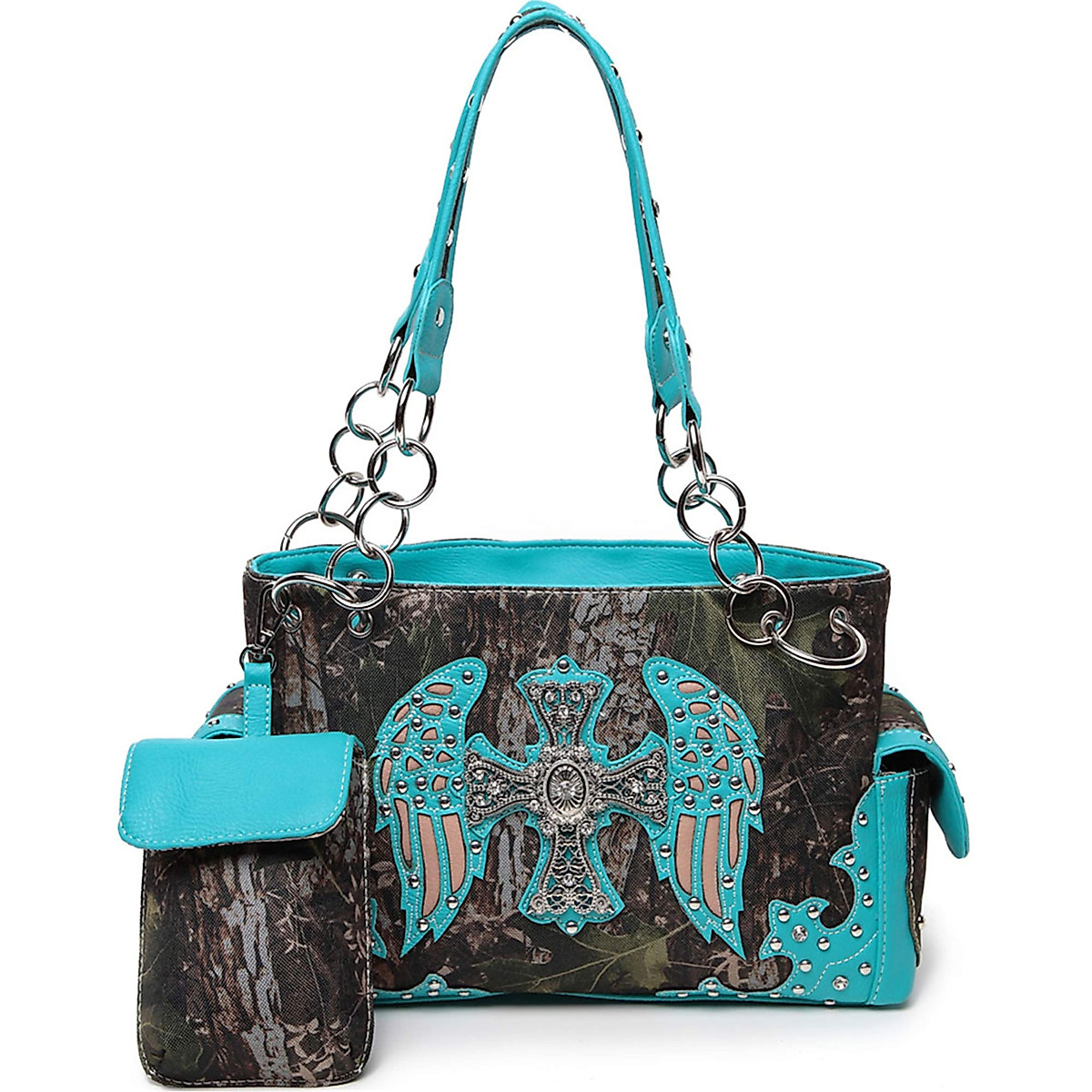 Camouflage Cross Western Style Studded Handbag Concealed Carry Purse Country Women Shoulder Bag Wallet (Turquoise Set)