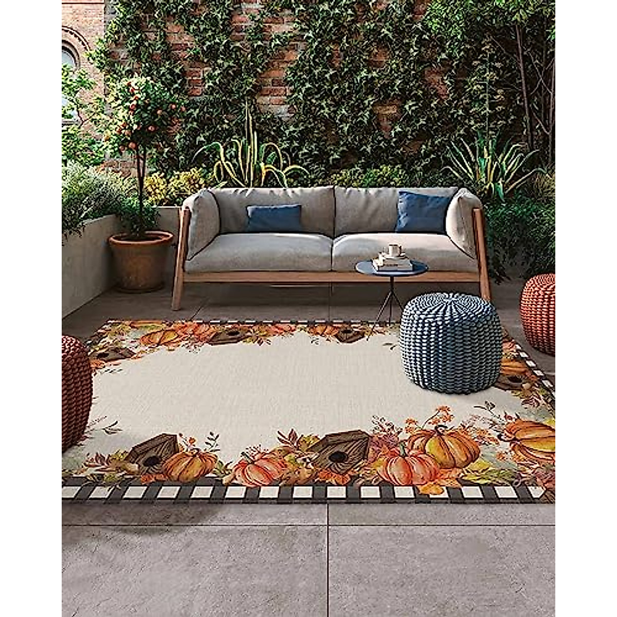 Thanksgiving Fall Outdoor Rug for Patio/Deck/Porch, Non-Slip Area Rug 5x8 Ft, Orange Pumpkin Maple Leaf Black White Plaid Indoor Outdoor Rugs Washable Area Rugs, Reversible Camping Rug Carpet Runner