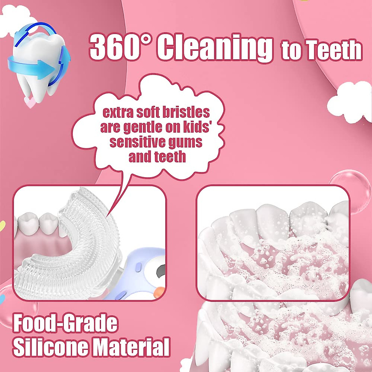 AUITRONCARE Kids Toothbrush Electric, Toddler Electric Toothbrush Ultrasonic Toothbrush 360° Cleaning U Shaped Toothbrush Come with 3 Brushing Heads and Cup for Toddlers & Children (Owl-Pink)