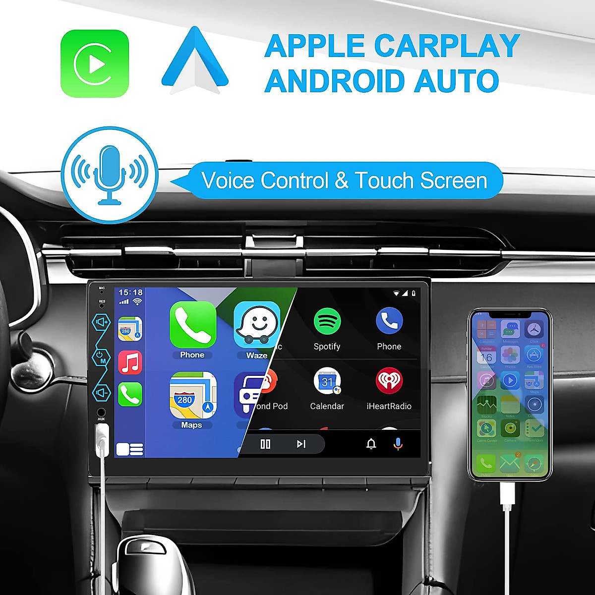 7 Inch Double Din Car Stereo System Compatible with Apple Car Play and Android Auto, Touch Screen Car Radio with Voice Control, Bluetooth 5.2, Subwoofer, A-Link, Backup Camera, FM/AM