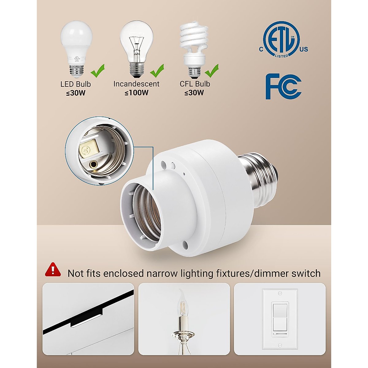 DEWENWILS Remote Control Light Socket with Dimmer, Wireless Light Switch, Dimmable Remote Light Bulbs Socket Switch, 100FT, E26 E27 Base with Controller, No Wiring, for Closet, Basement, ETL Listed