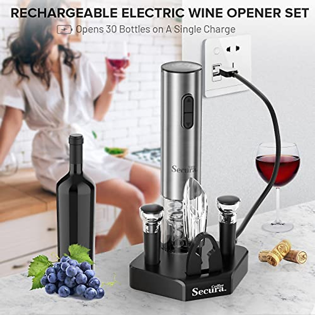Secura Home Electric Wine Opener Set, Type C Cordless Rechargeable Corkscrew Wine Bottle Opener with Storage Base, Wine Aerator, 2 Vacuum Wine Stoppers, Foil Cutter for Wine Lover Gift Kit