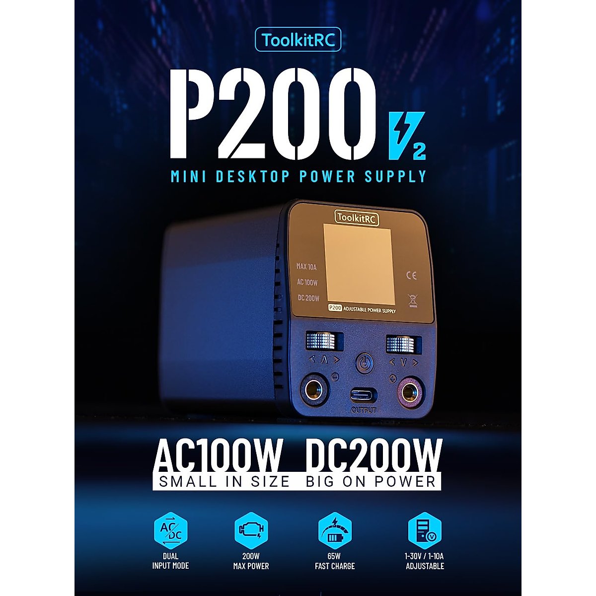 NEW ToolkitRC P200 V2 Mini 30V Supply AC100W DC200W 10A GaN Adjustable Mini Desktop Power Supply USB Output 4.0mm banana female port with TypeC 65W Output fast charging