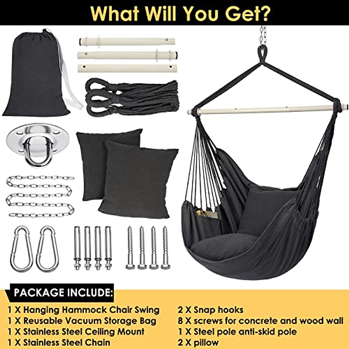 Y- Stop Hammock Chair Hanging Rope Swing, Max 500 Lbs, 2 Seat Cushions Included, Quality Cotton Weave for Superior Comfort, Durability with Hardware kit (Dark Grey)