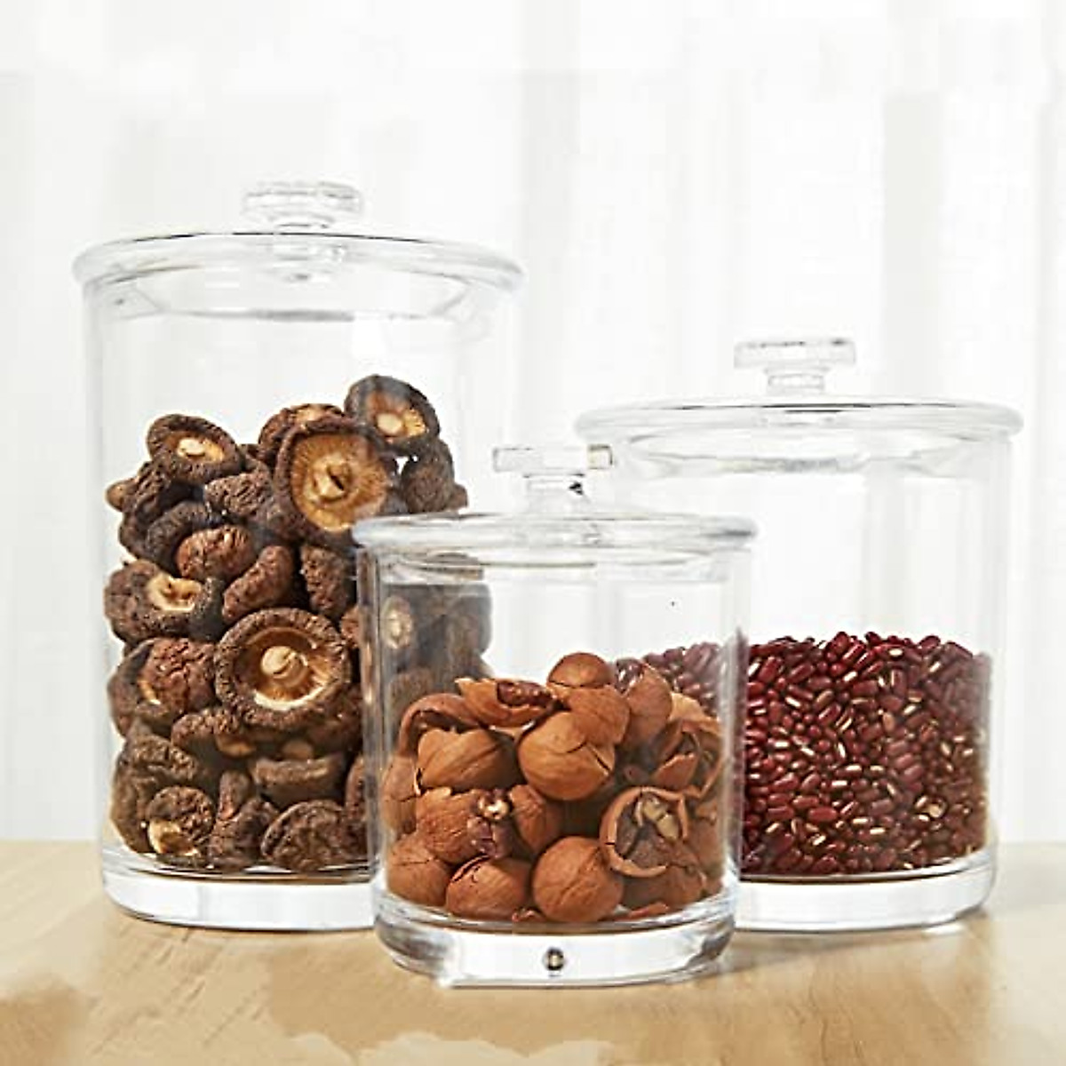 Premium Quality Clear Acrylic Plastic Apothecary Jars with Lids for Bathroom & Kitchen Organization – Containers are Elegant Durable Organizers Great for Q-Tip Cotton Swabs, Food & Candy Storage – BPA -Free – Set of 3 Sizes - 15, 35 & 45 oz