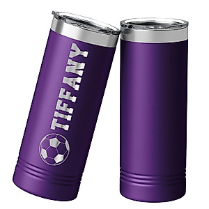 Personalized Soccer Ball Tumbler with Lid Laser Engraved on Purple 22 oz Stainless Steel Insulated Cup Birthday Gift for Men, Women, Sports Lover