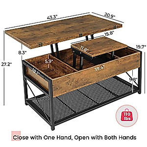 Itaar 43" Lift Top Coffee Table, 3 in 1 Multi-Function Coffee Table with Storage for Living Room, Small Coffee Table for Dining Reception Room, Rustic Brown.