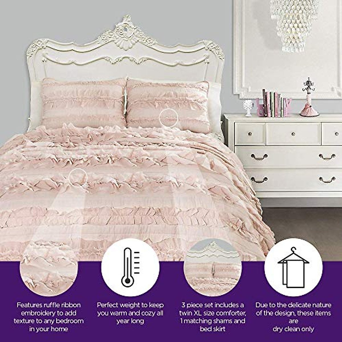 Lush Décor Belle 3 Piece Ruffled Quilt - Pink Blush - Full/Queen Quilt Set