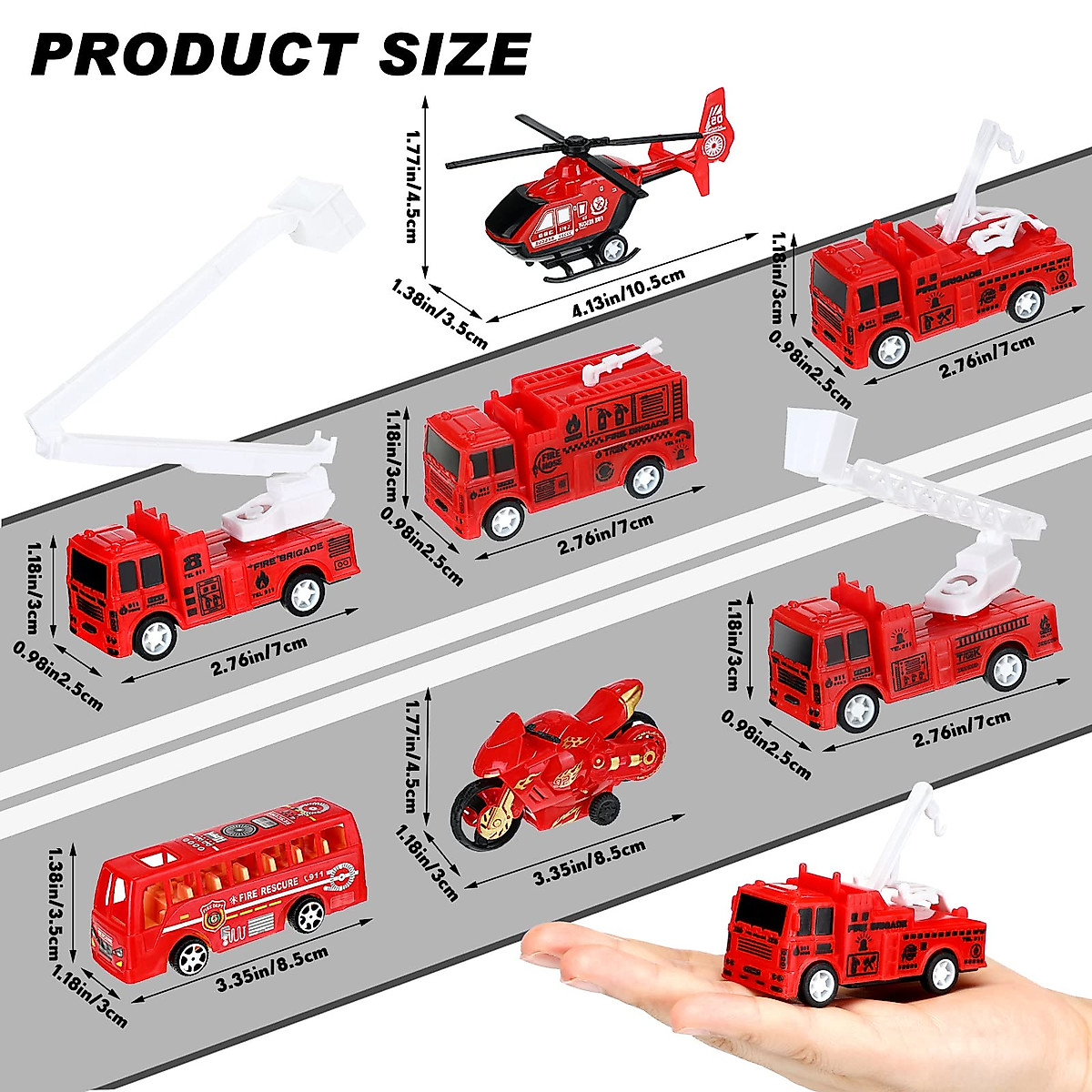 50 Pack Mini Fire Trucks Toy Bulk Firetruck Birthday Party Favor Red Vehicle Helicopter Motorcycle Party Supplies Cake Decoration and Bag Filler Gift for Kids Toddler over 6 Years, 7 Styles