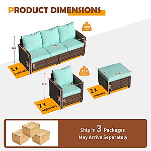 UDPATIO Patio Furniture Set, 5 Pieces Outdoor Sectional Sofa Set, All-Weather Wicker Rattan High Back Patio Conversation Set with Ottoman for Poolside, Backyard, 4" Thick Cushions, Light Blue