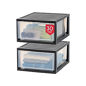 IRIS USA 30 Qt. Plastic Drawer Storage Organizer Stacking Drawers, 2-Pack, Stackable Unit with Sliding Drawer for Clothes Bedroom Kitchen Under Sink Pantry Craft Room Bathroom Dorm Office, Black