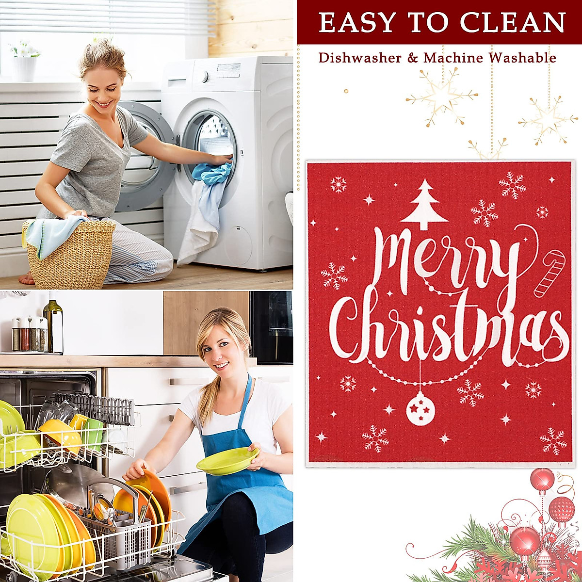 Whaline 6Pcs Christmas Swedish Dishcloths Red White Xmas Tree Snowflake Reindeer Kitchen Dish Towel Reusable for Christmas Winter New Year Baking Cooking, 6.7 x 7.7Inch