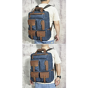 Handadsume Water Resistant Canvas + Leather Large Travel Backpack Rucksack Knapsack Laptop School Bag For Men FB1170 (The Blue)