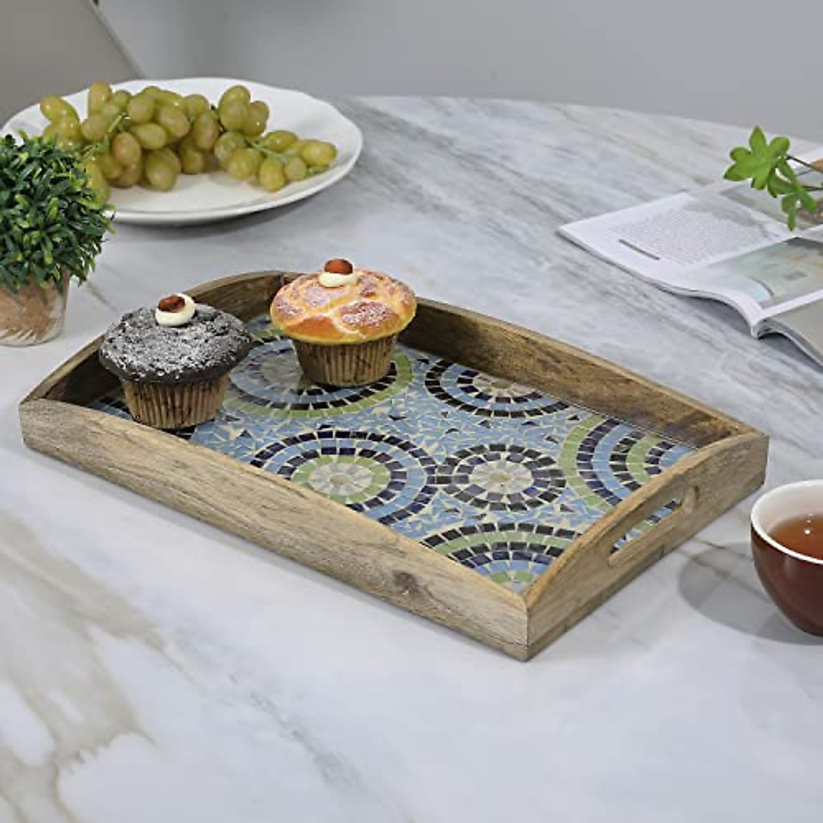 MyGift Mango Wood Serving Tray with Intricate Glass Mosaic Design, Rectangular Decorative Tray with Cutout Handles - Handcrafted in India