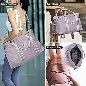 Travel Duffel Tote Bag,Personal Item Carry on Large Sport Gym Bag,Expandable Luggage Bag with Trolley Sleeve, Waterproof WeeKender Bag, Purple