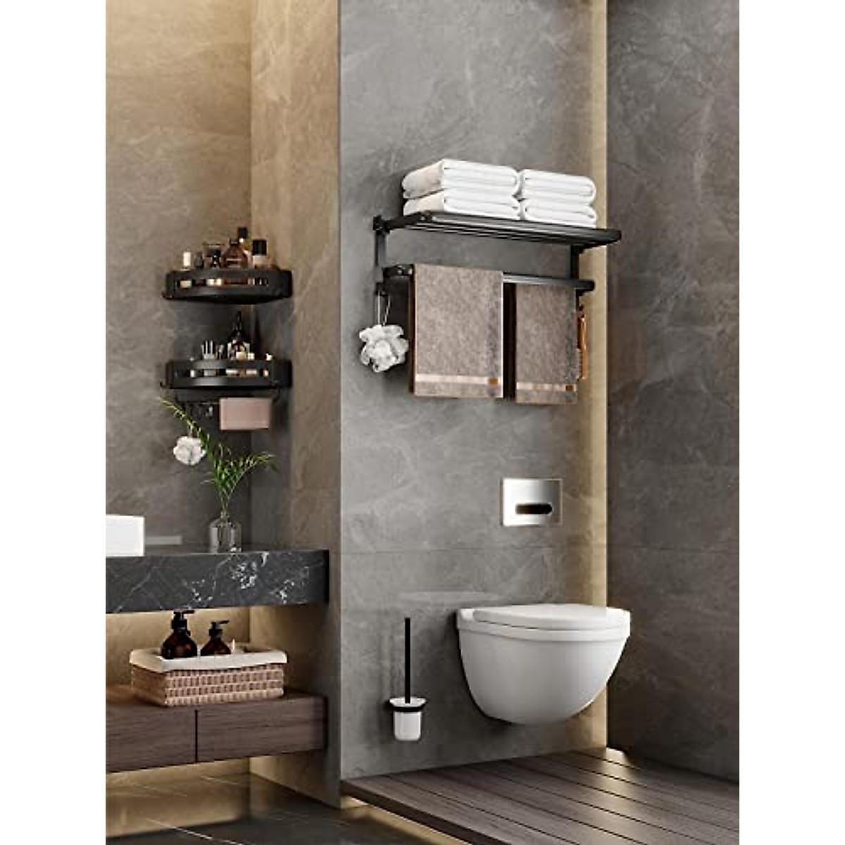 Towel Racks for Bathroom, Black Towel Bar for Bathroom with Double Shelf, Bathroom Towel Rack Wall Mounted 2 Tier, Bathroom Accessories, Space Aluminum, 24 Inch