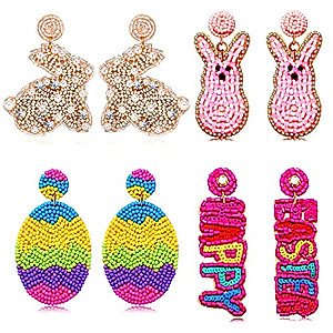 4 Pairs Easter Earrings for Women, Beaded Rabbit Bunny Earrings Colorful Easter Egg Earrings, Spring Holiday Earrings Handmade Easter Accessory Jewelry Gifts (Style A)