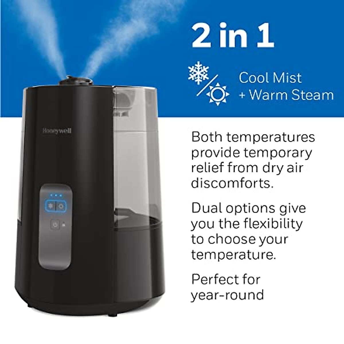 Honeywell Dual Comfort Cool + Warm Mist humidifier. Humidifier for Bedroom, Office, Living Room and Home. Provides Temporary Relief from Dry air discomforts - Black, HWC775B