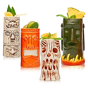 LEMONSODA Hard-Carved and Hand-Painted Tiki Mugs Assorted Cocktail Set of 8 - Ceramic Hawaiian Luau Party Mugs Drinkware, Cute Exotic Cocktail Glasses, Tiki Bar Hawaiian Party Barware - 18-23.5oz