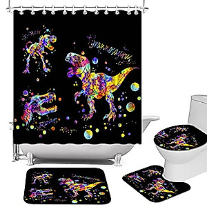 AtGoWac 4 Pcs Dinosaur Bathroom Set Dinosaur Shower Curtain Sets with Rugs, Cool Black Dinosaur Bath Mat, T-Rex Shower Curtain Kids Bathroom Decor Sets