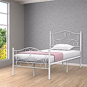 Amyove Curved Twin Size Metal Bed Frame with Storage for Kids, Platform Bed Frame with Headboard Footboard No Box Spring Needed White (Twin)