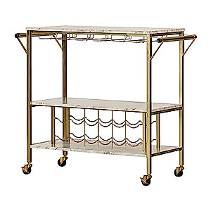 South Shore Maliza Bar Cart Bottle Storage and Wine Glass Rack-Faux Marble and Gold