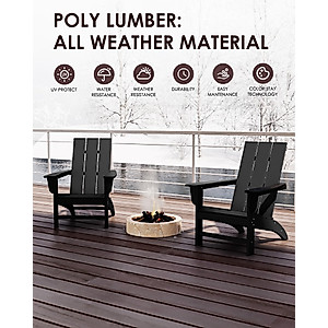 Poly Lumber Adirondack Chairs Set of 2, All-Weather Resistant Outdoor Patio Chairs, Look Like Wood, Pre-Assembled Outdoor Fire Pit Chair for Pool, Deck, Backyard, Garden, Black