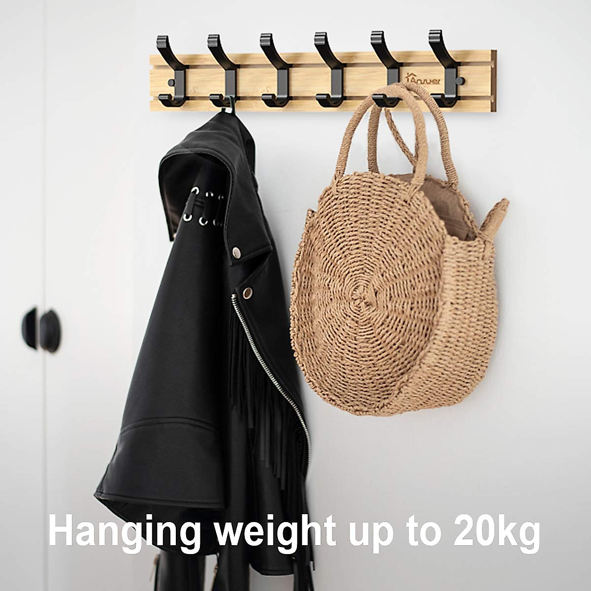 Anjuer Coat Hanger Clothes Rack 6 Active Hooks Heavy Duty Clothes Hat Holder Bamboo