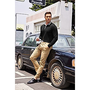 COOFANDY Men's Long Sleeve Polo Shirt Striped Collar Casual Slim Fit Cotton Polo T Shirts