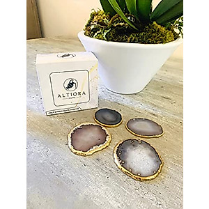 Natural Agate Coaster Set - Geode Coaster Set - 100% Natural Agate Crystal Coasters - Elegant Gold Rimmed Agate Coasters - Set of 4 - Natural Agate Colors - No Dyes Or Artificial Colors