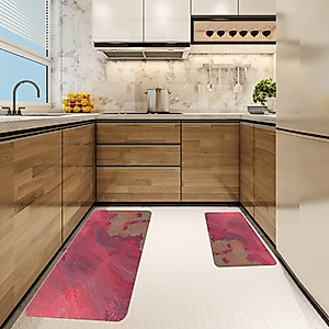 RYANZA 2 Pieces Kitchen Rugs, Abstract Anti Fatigue Non Slip Foam Cushioned Art Design Graffiti Modern Red Comfort Indoor Floor Mat Runner Rug Set for Laundry Office Sink Bathroom (17"x48"+17"x24")