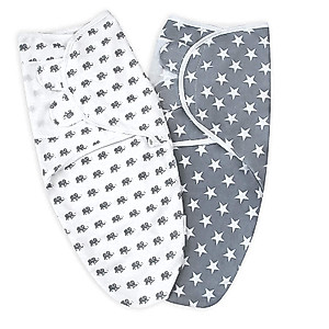 Coldwind Baby Swaddles 0-3 Months, 2 Pack 100% Organic Cotton Adjustable Swaddle Sack for Boy or Girl, Baby Swaddle Wrap for Newborn Baby, Star and Elephant