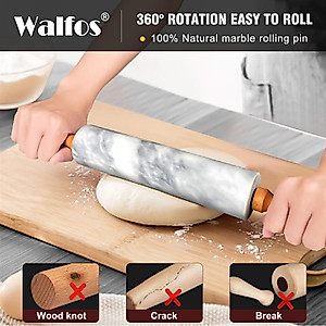 Walfos Marble Rolling Pin With Wooden Handles & Wood Cradle, 16.5 Inch Marble Rolling Pins For Making Pizza Dough And Tortillas, Dough Roller For Pie Crust, Cookie, Pasta (Gray & White)