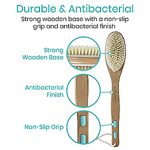 Vive Back Scrubber Brush for Shower - for Dry or Wet Body Brushing - Long Handle - Cleaning Lymphatic Drainage Handled Washer for Men, Women - Showering Bathing Exfoliator with Soft & Stiff Bristles