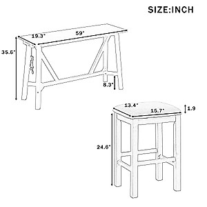 Merax 4-Piece Bar Table Set with USB Port and 3 Fabric Padded Stools w/Footrest, Rustic Bar Dining Set