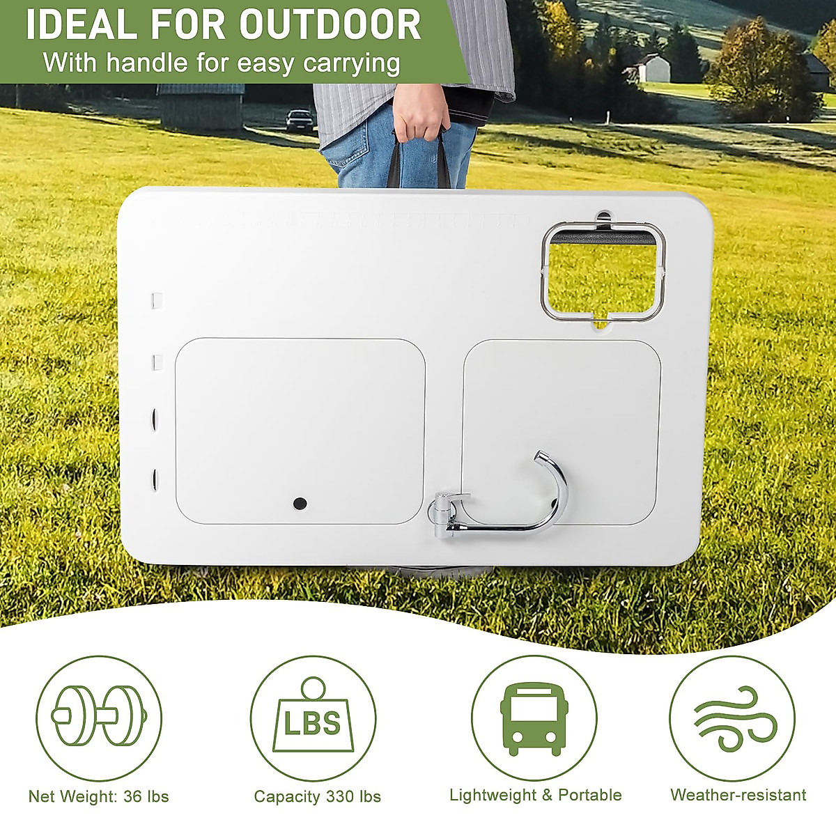 Outvita Fish Cleaning Table Folding Portable Camping Sink Table with Sink Faucet Drainage Hose/Outdoor Camping Table with Grid Rack & Knife Groove,Fish Fillet Hunting Cleaning Cutting Table,White