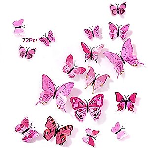 72 PCS Butterfly Wall Stickers, 3D Magnetic Removable Butterfly Wall Decals Fridge Magnet Murals Decoration for Kids Bedroom Nursery Classroom Party Wedding Decor (Pink)