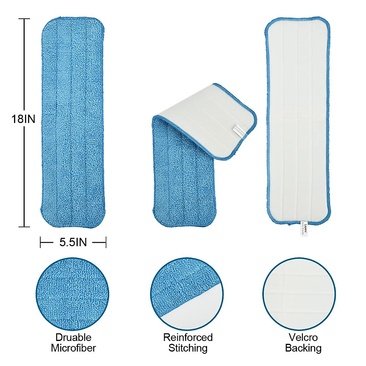 Layers 18"Microfiber Replacement Mop Pads- Reusable Mop Heads Refills fit for Most 16-18inch Spray Velcro Mop, Machine Washable Absorbent Mop Pads- 3Pack