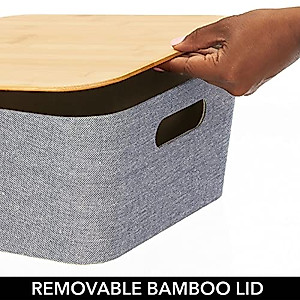 mDesign Fabric Basket with Lid - Stacking Decorative Storage Bin Box with Bamboo Lid Cover for Closet, Bedroom, Living Room or Office - Holds Clothing, Linens, and Accessories, 4 Pack, Navy Blue