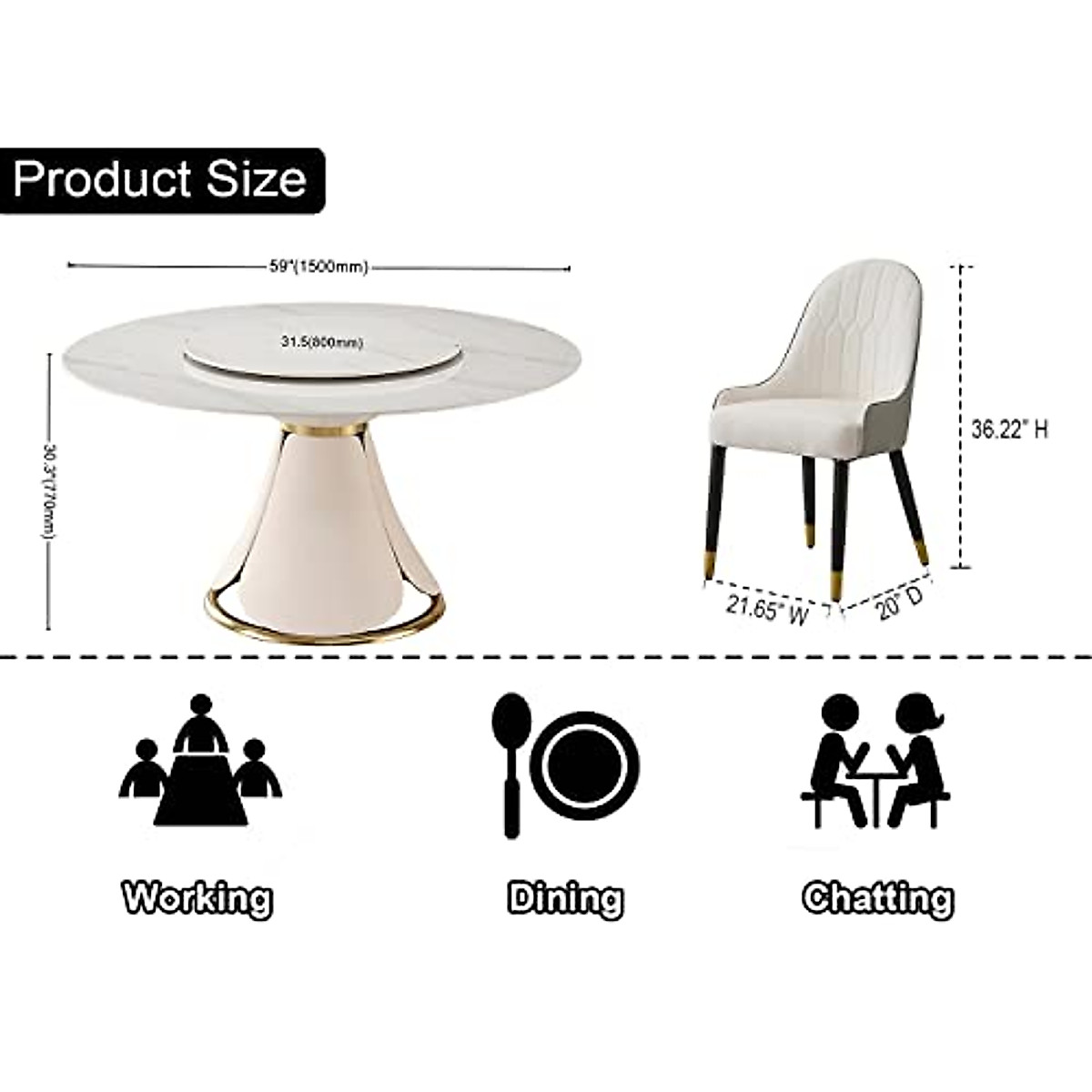 Leavader 9-Piece Dining Table Set - 59" Round Dining Table with Rotating Tray, 1 Faux Marble Dining Table & 8 PU Leather Chairs, Morden Round Stone Dining Table Set for Kitchen, Resterant