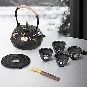 Dyna-Living Cast Iron Teapot Japanese Tea Kettle Set 1200ml/40.6oz Japanese Cast Iron Teapot Set with 4 Tea Cups Japanese Style Tea Pot with Infuser Cast Iron Tea Kettle for Tea Lover