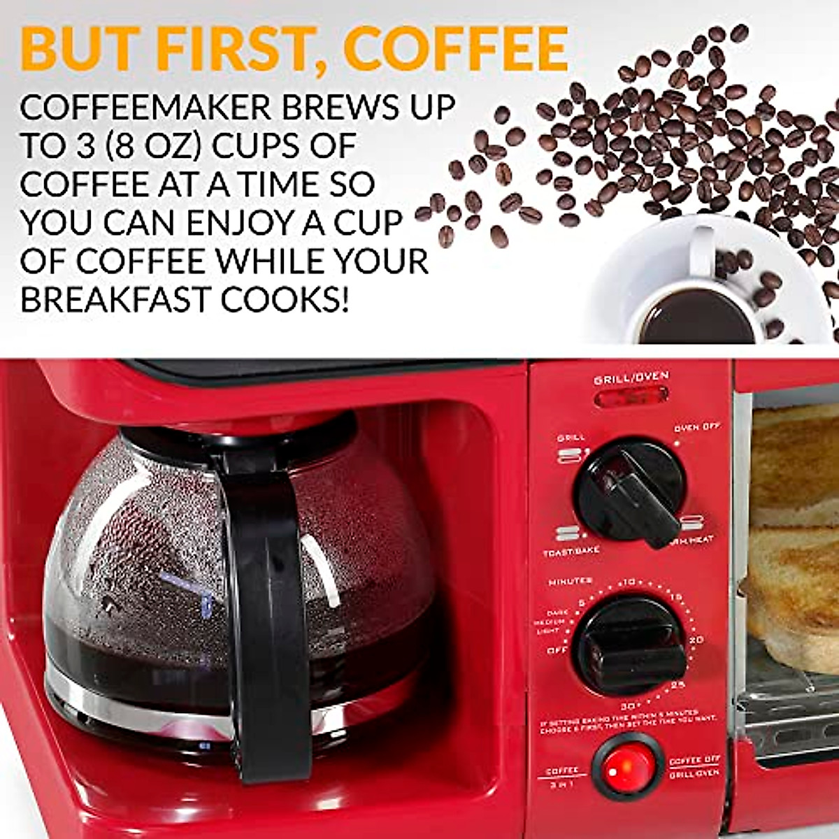 Nostalgia Retro 3-in-1 Family Size Electric Breakfast Station, Non Stick Die Cast Grill/Griddle, 4 Slice Toaster Oven, Coffee Maker, Red