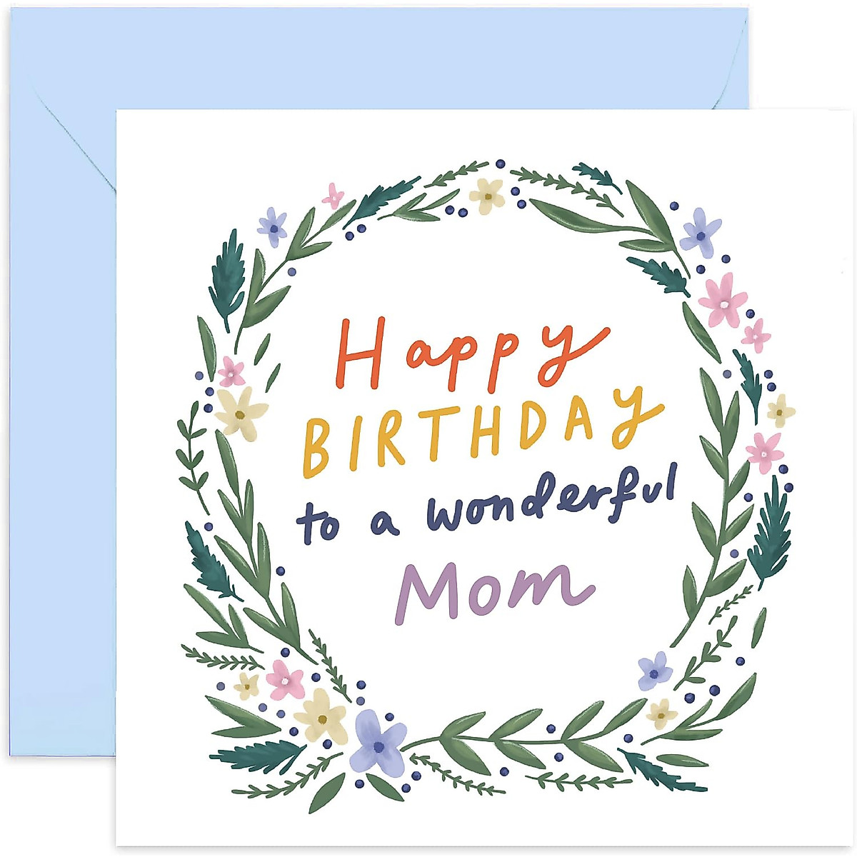 Old English Co. Floral Wreath Happy Birthday Wonderful Mom Card - Birthday Wishes for Her Greeting Card | From Daughter, Son, Children | Blank Inside & Envelope Included